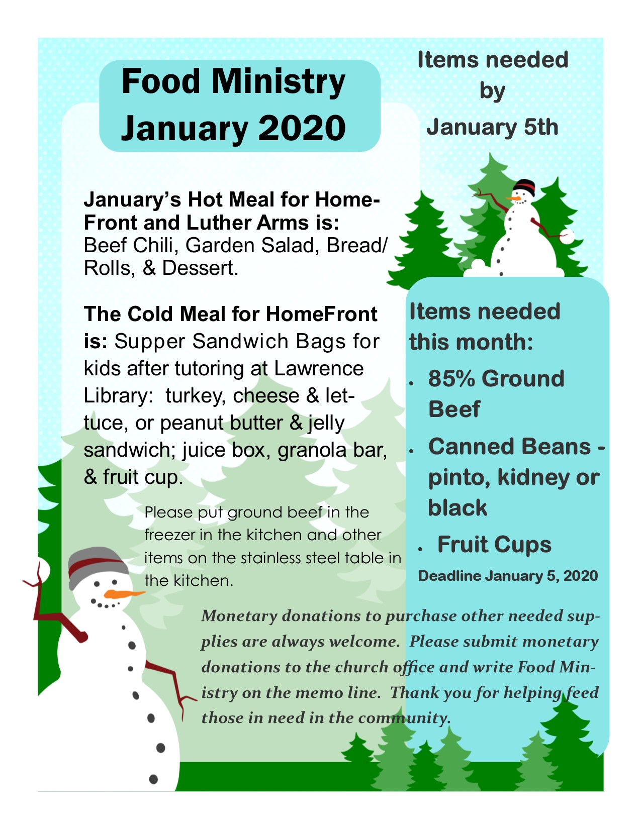 Food Ministry Needs in January - UUCWC